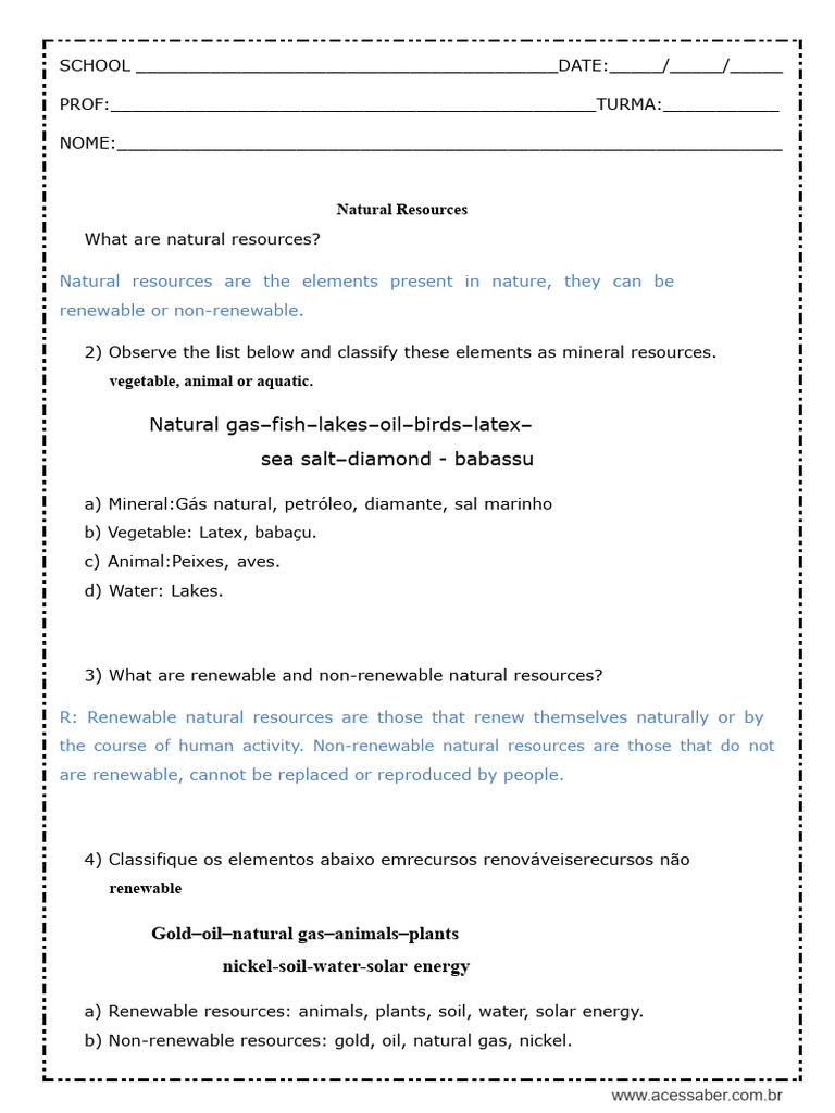 Geography Activity Natural Resources 4th or 5th Grade Answers | PDF