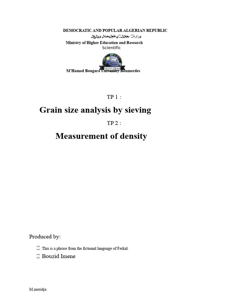 tp: granulometric analysis by sieving tp2: MEASUREMENT OF BULK DENSITY ...