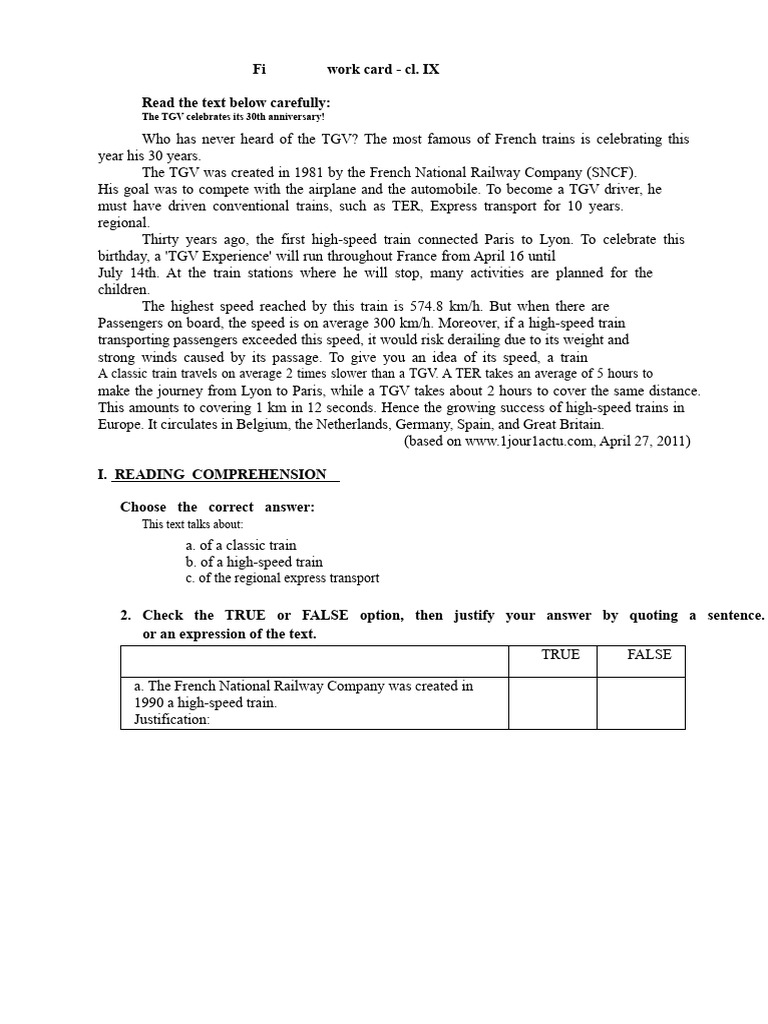 Text Comprehension Sheet Ix | PDF | High Speed Rail | Train