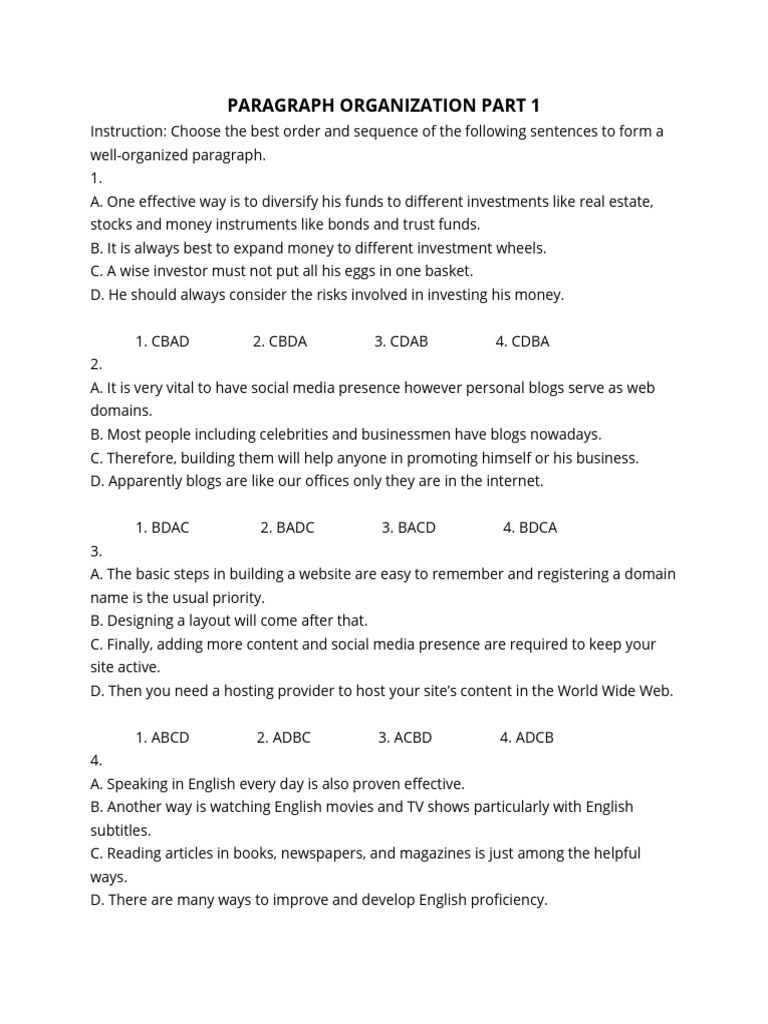 Paragraph Organization Exercise Guide | PDF