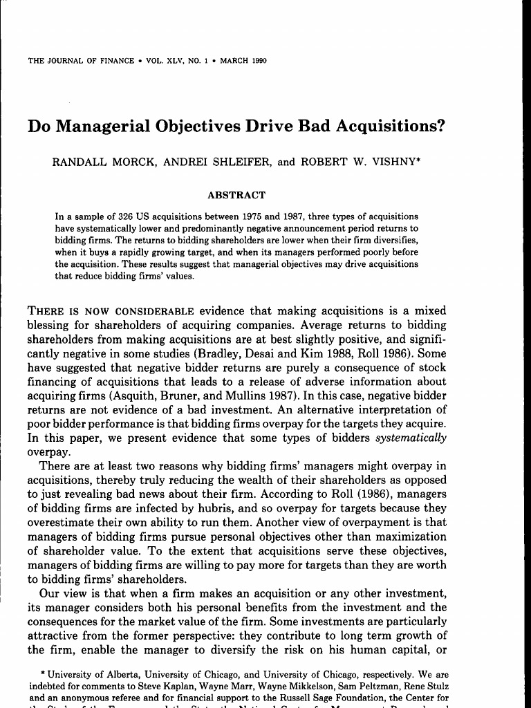 Do Managerial Objectives Drive Bad Acquisitions?: Randall Morck, Andrei ...
