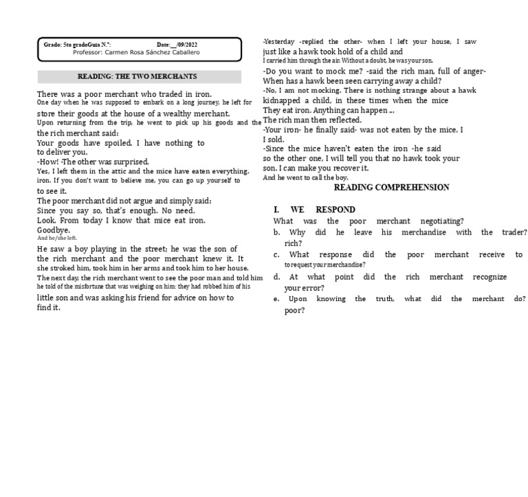 READING THE TWO MERCHANTS 5TH GRADE | PDF