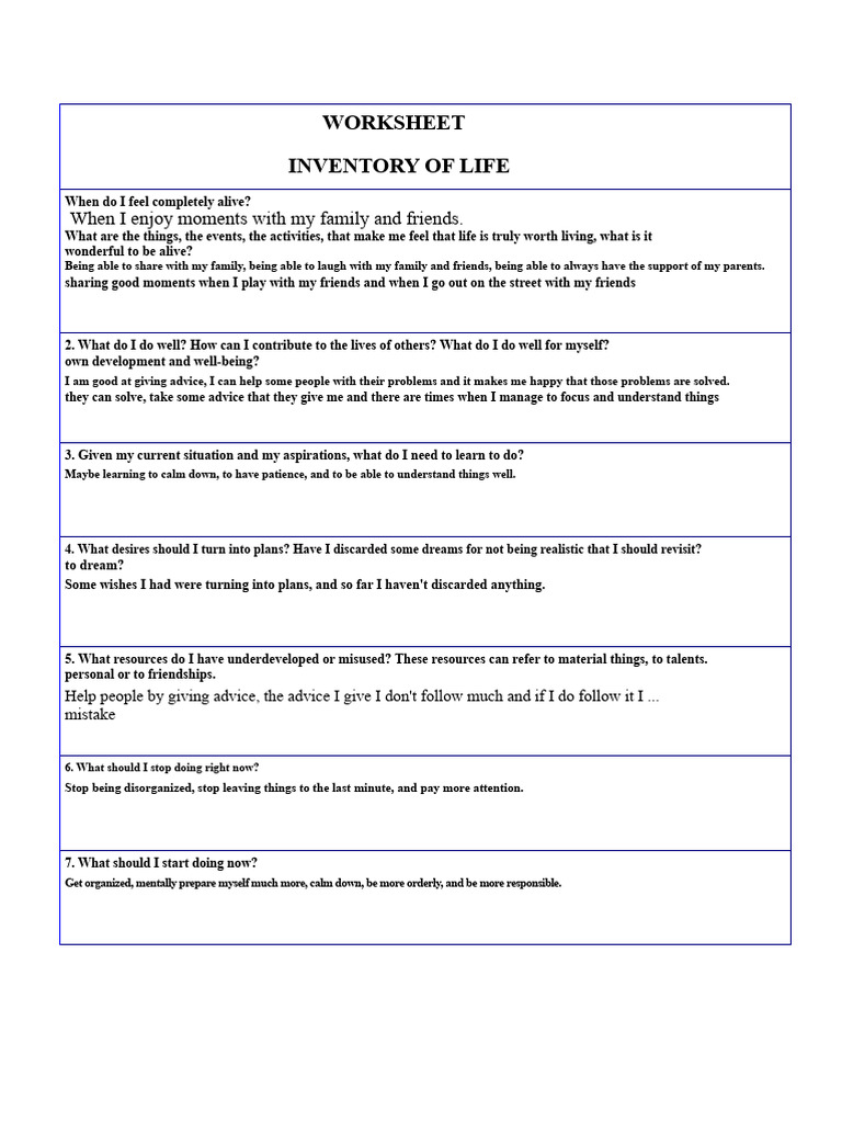 Life Inventory Reflection Worksheet | PDF