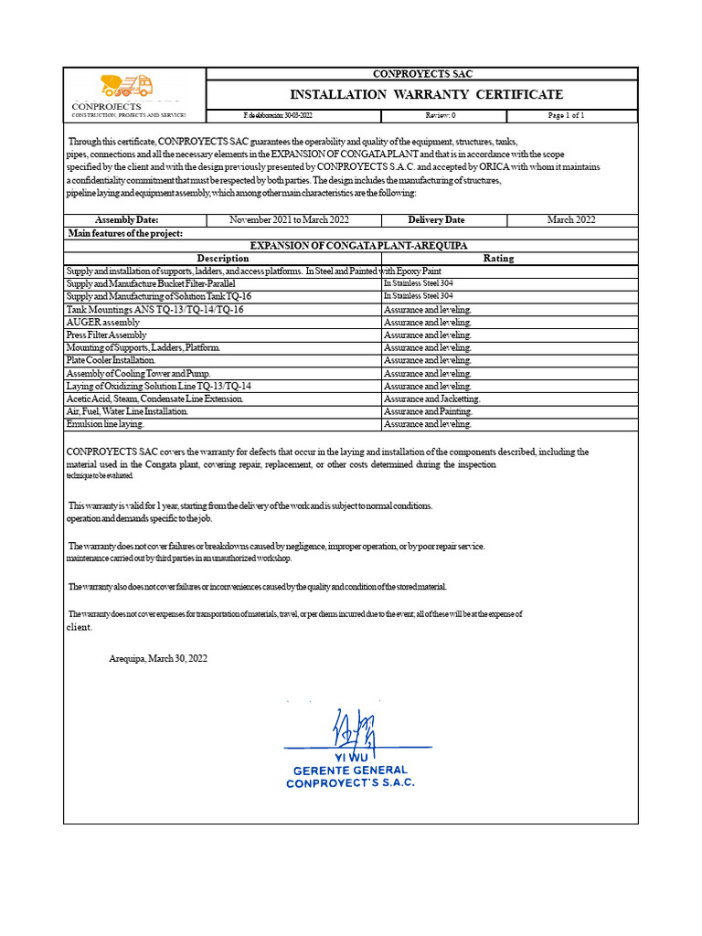 CONPROYECTS SAC Warranty Certificate | PDF | Mechanical Engineering