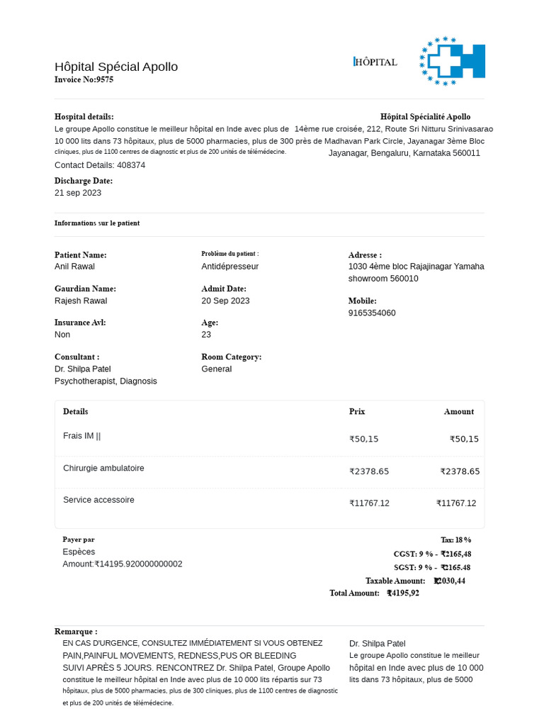 Facture Hôpital Apollo - Patient Anil Rawal | PDF | Hôpital | Soins de ...