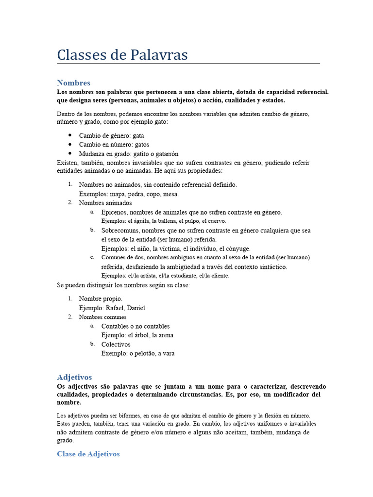 Gramática - Clases y Subclases de Palabras | PDF | Adjetivo | Adverbio