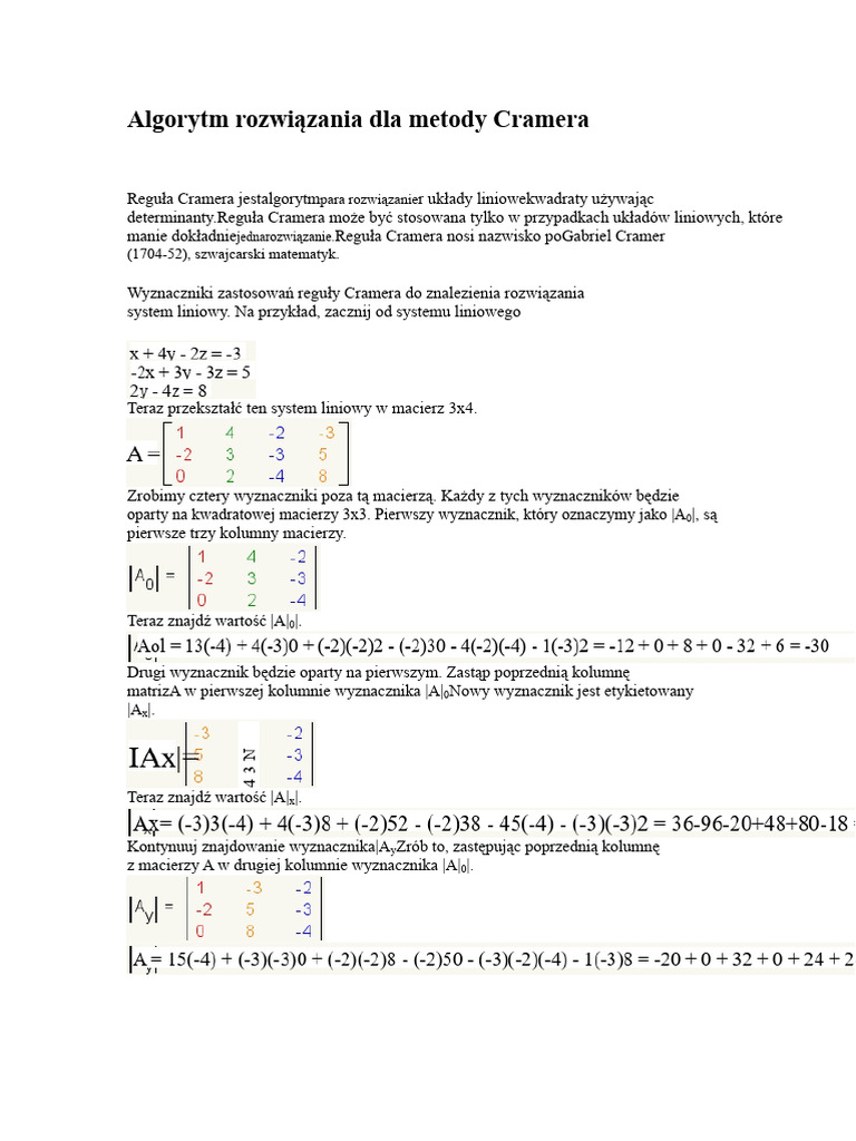 Algorytm Rozwiązania Dla Metody Cramera | PDF