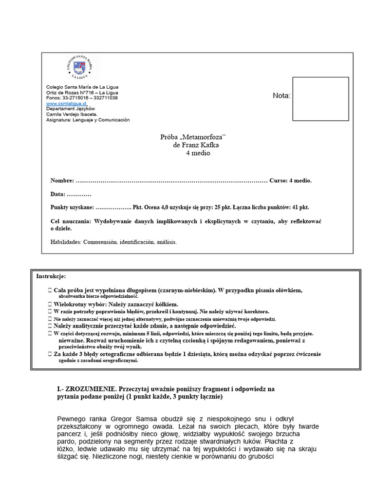 Próba Przemiana Franza Kafki. Klasa 4. | PDF