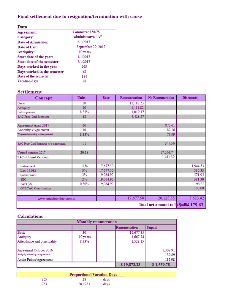 Final Settlement Calculation Sheet For Dismissal With and Without Cause ...