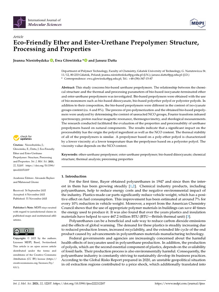 Eco Friendly Ether and Ester Urethane Prepolymer Structure Processing ...