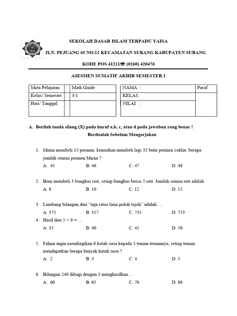 Soal Ujian Matematika Kelas 3 SDIT Yaisa | PDF