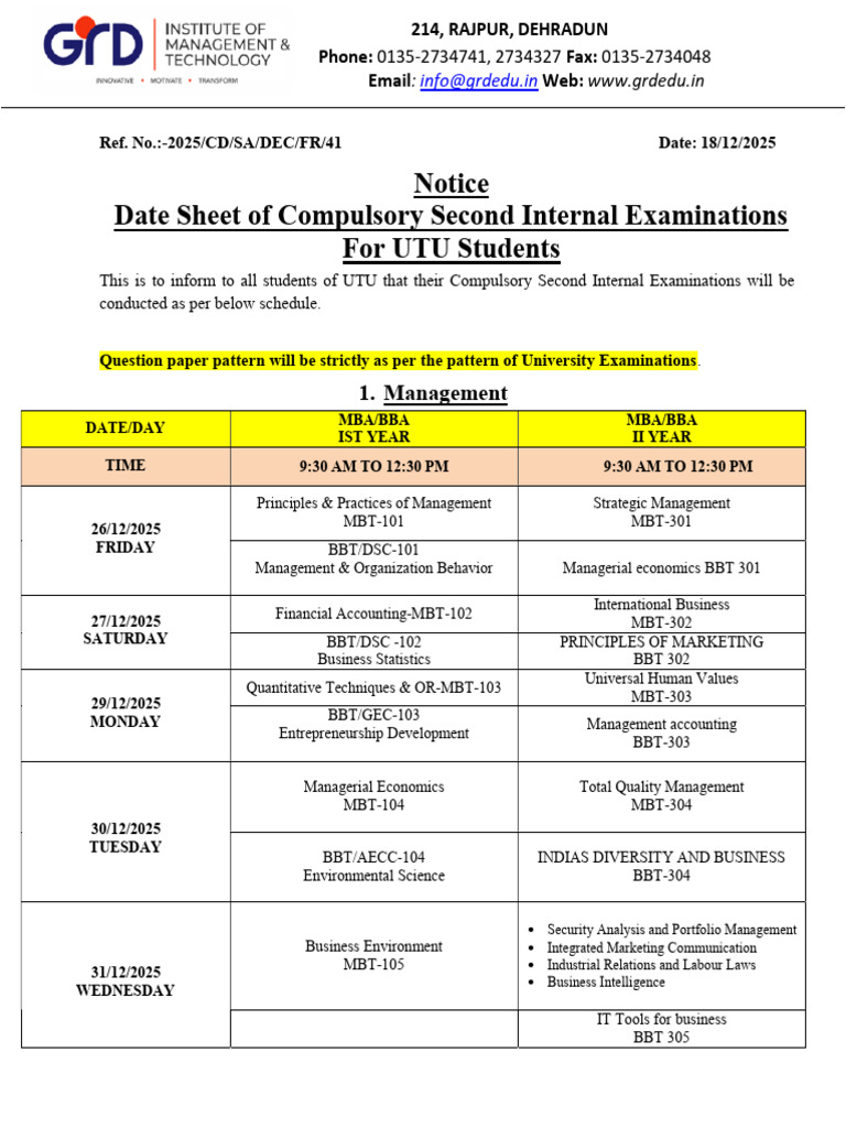 UTU Internal Exam Date Sheet 2025-2026 | PDF | Pharmacology | Pharmacy