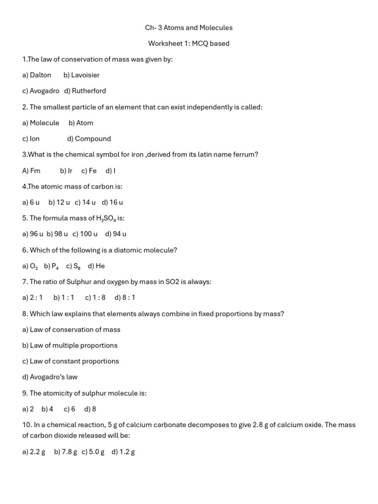 Atoms and Molecules MCQ Worksheet | PDF