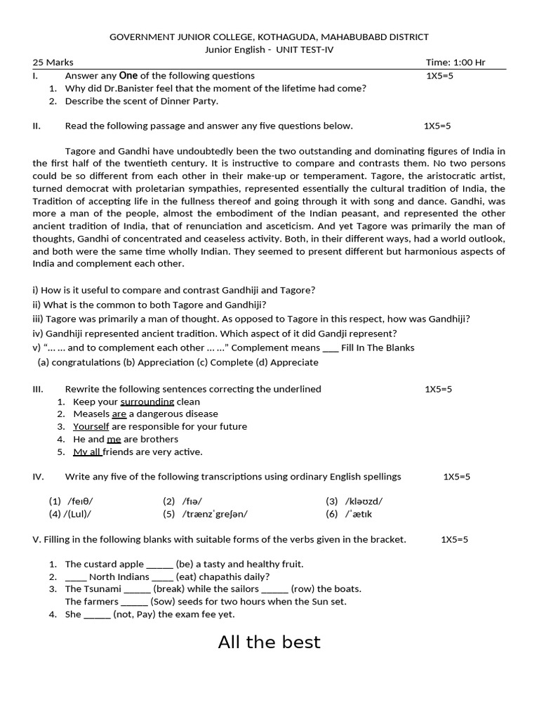 Unit Test - 4 1st Year Kothaguda | PDF | Mahatma Gandhi | Linguistics