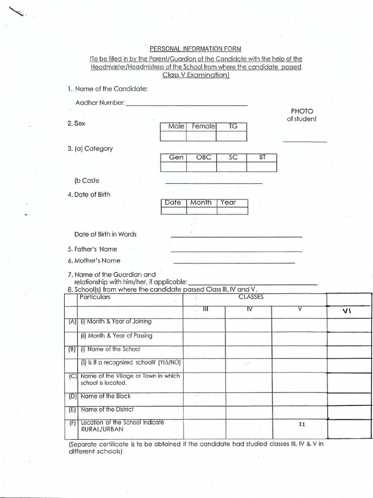 Class Vii Student Information Form | PDF | Diseases And Disorders