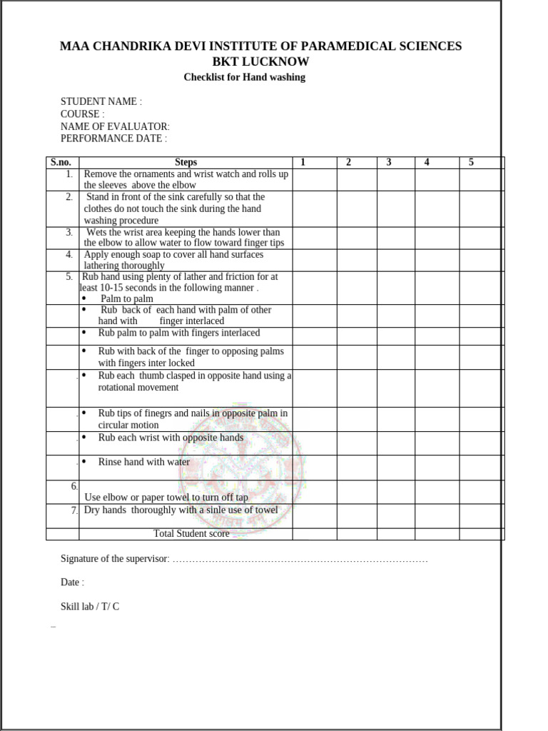 Hand Washing Procedure Checklist | PDF