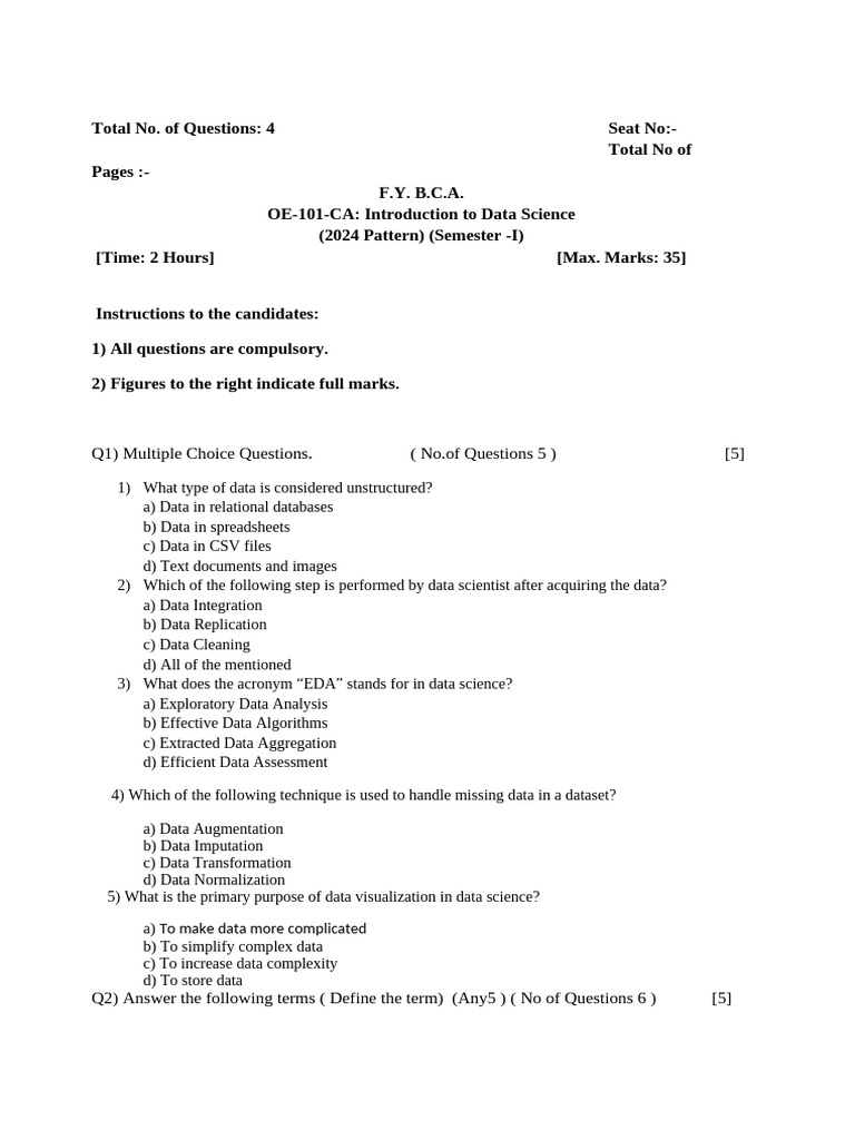 F.Y. B.C.A. Data Science Exam Questions | PDF | Data | Data Science