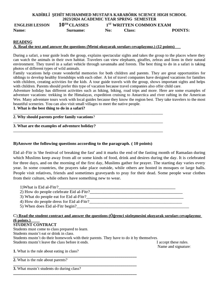 10th Grade English Exam: Safari & Eid | PDF