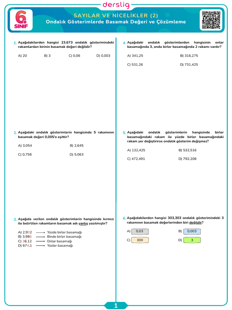 Ondalik Gosterimlerde Basamak Degeri Ve Cozumleme | PDF