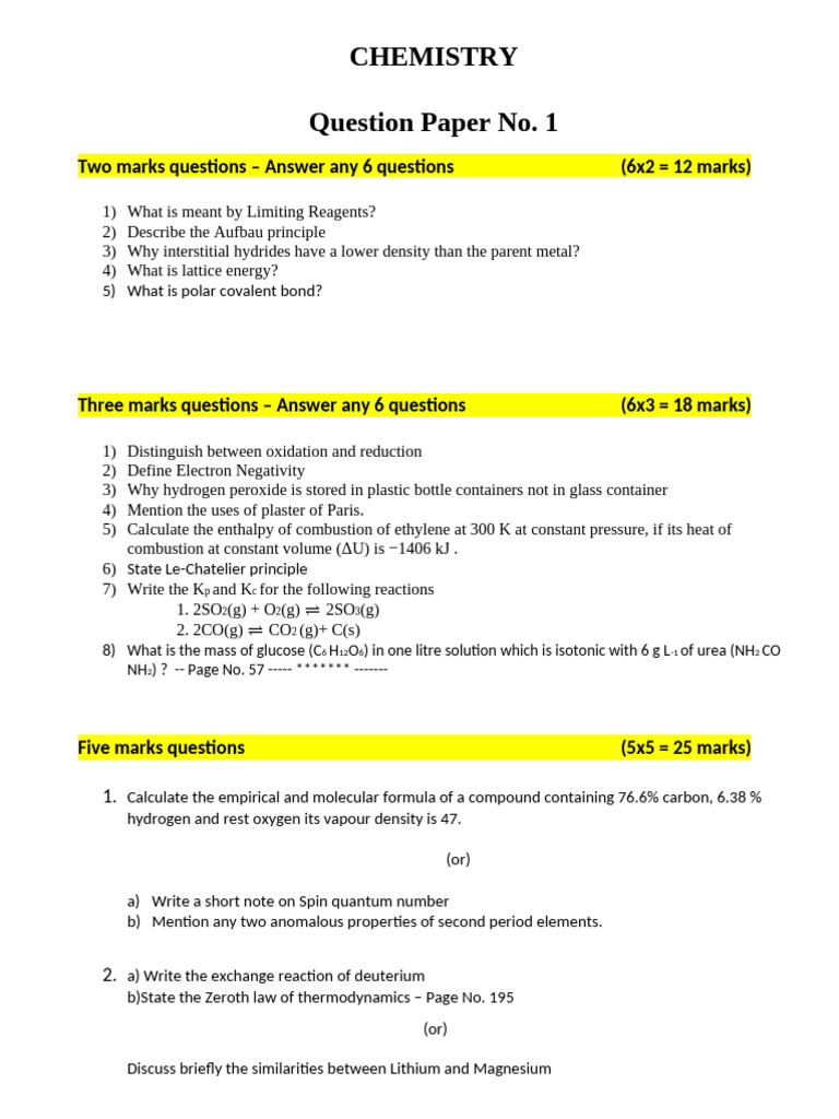 Chemistry Question Paper Overview | PDF | Chemical Bond | Chemical ...