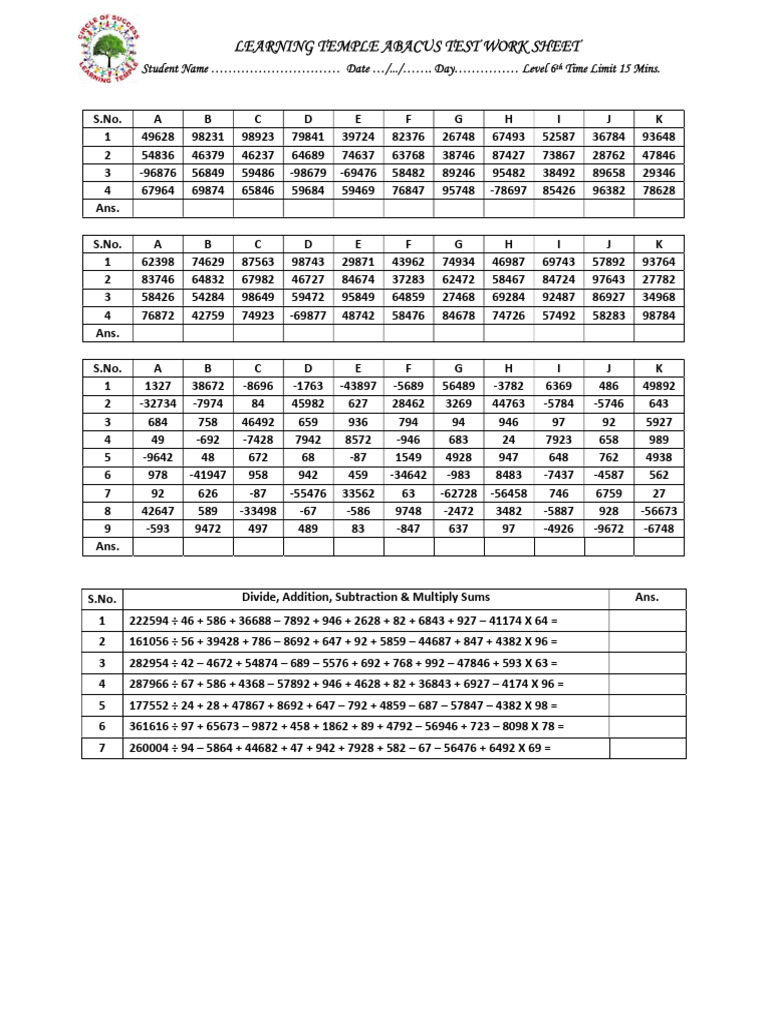 (.J) (Level VI) Wednesday Abacus Work Sheet.. 01 | PDF