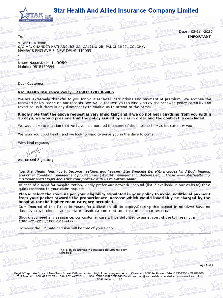 Star Health Insurance Renewal Notice | PDF | Invoice | Insurance