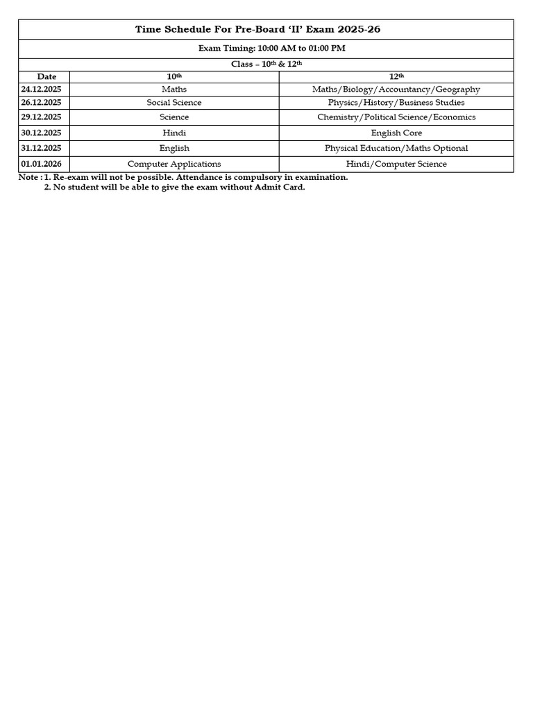 10th to 12th Pre-board II Exam Time Table 2025-26 for Admit Card | PDF