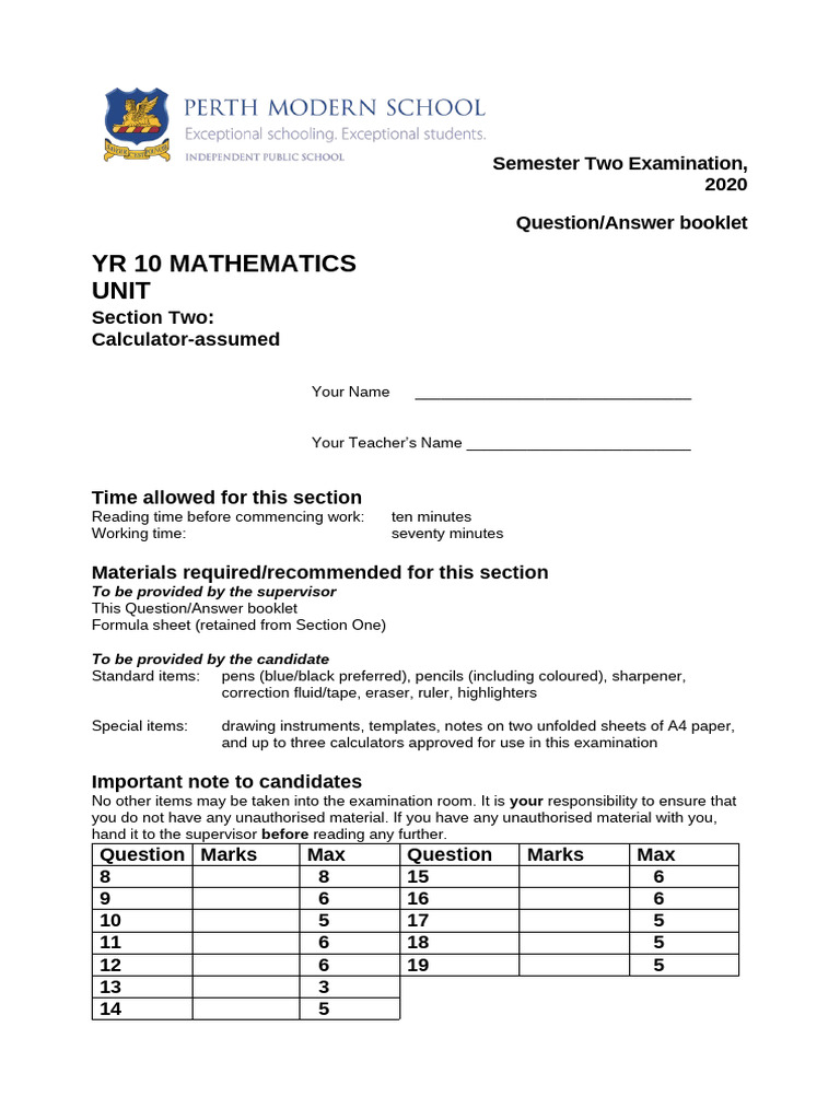 Year 10 Mathematics Exam Paper | PDF | Mining | Mathematics