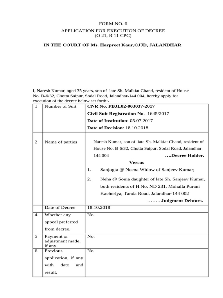 Execution Application for Decree in Jalandhar | PDF | Common Law ...