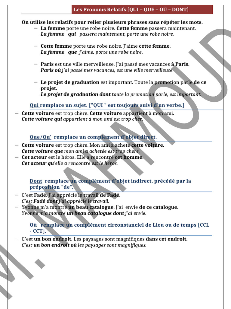 Pronoms Relatifs : Guide et Exercices | PDF | Complément d'objet ...