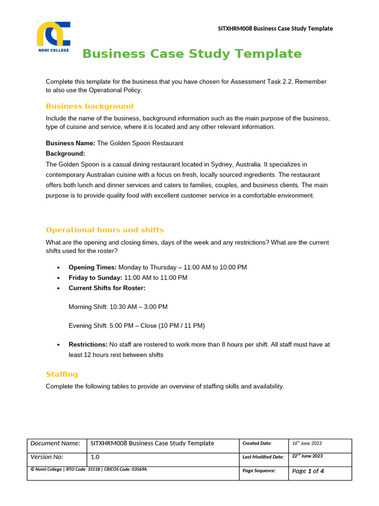 SITXHRM008 Business Case Study Template | PDF | Chef | Restaurants