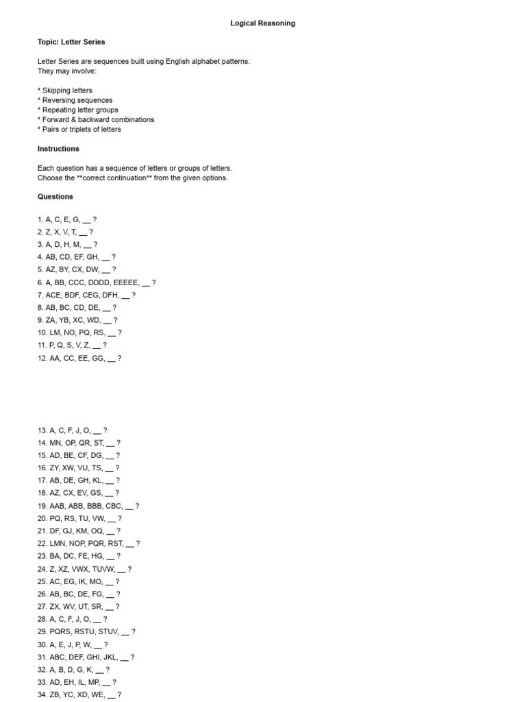 Letter Series Logical Reasoning Quiz | PDF