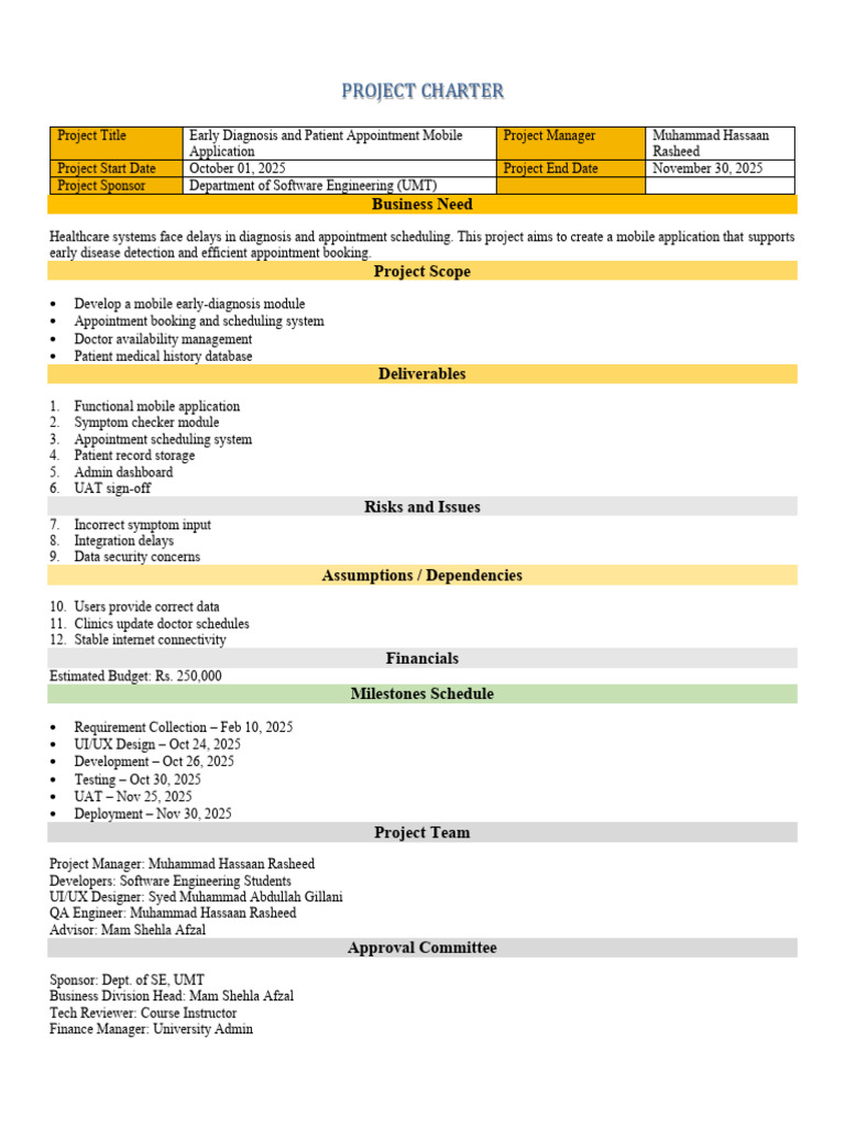 Project Charter Styled Early Diagnosis | PDF | Medical Diagnosis | Medicine