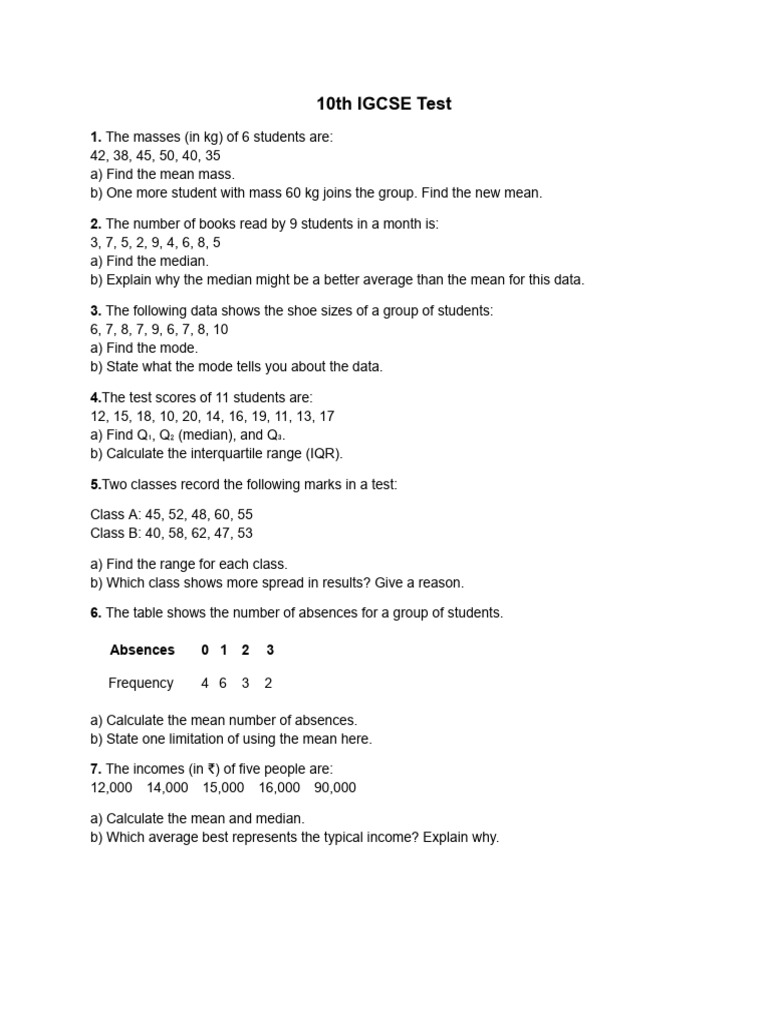 IGCSE Statistics Test Questions and Solutions | PDF
