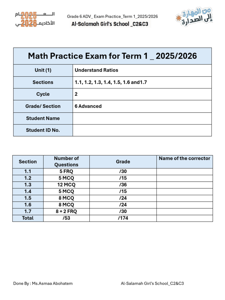 Grade6 ADV Math Final Exam Practice 2025-2026 | PDF | Gallon