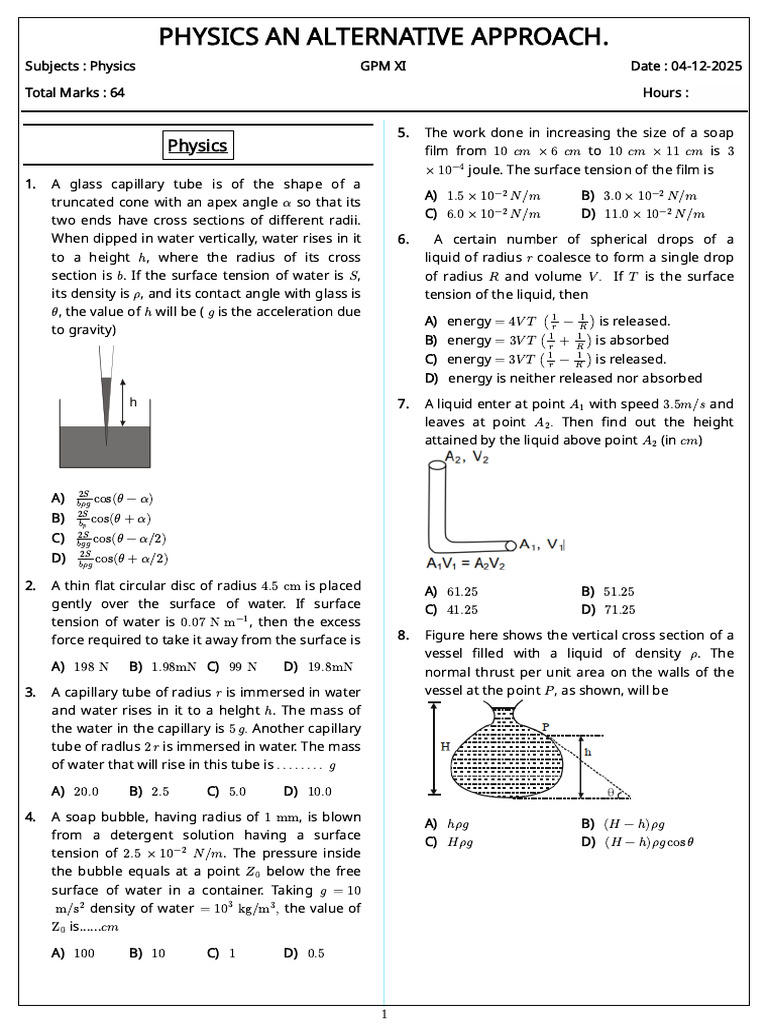 jee physics numerical importants | PDF | Surface Tension | Liquids