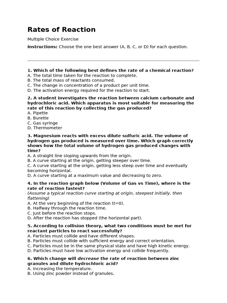 Rates of Reaction Multiple Choice Exercise | PDF | Reaction Rate ...