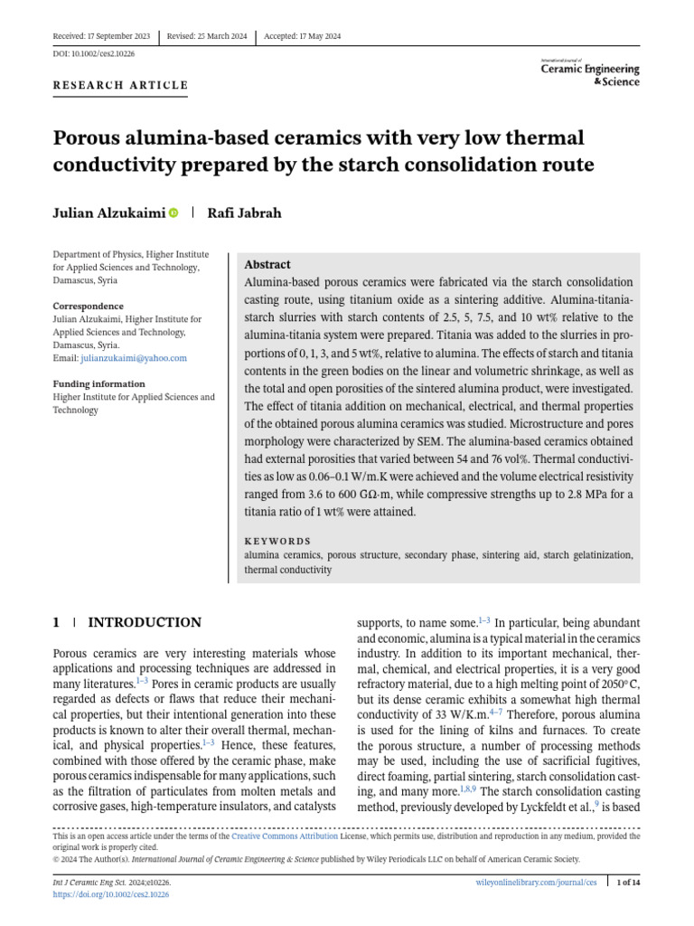 Low Thermal Conductivity Porous Alumina Ceramics | PDF | Porosity ...