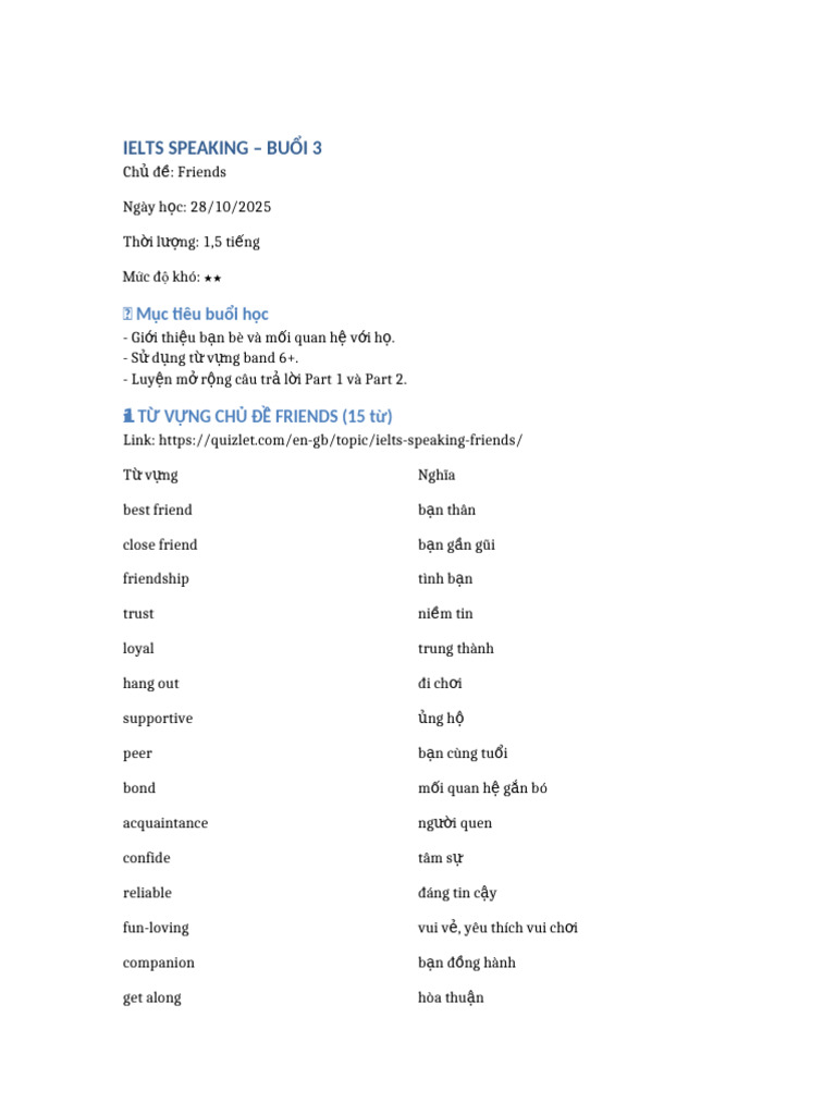 IELTS Speaking Buoi 3 | PDF