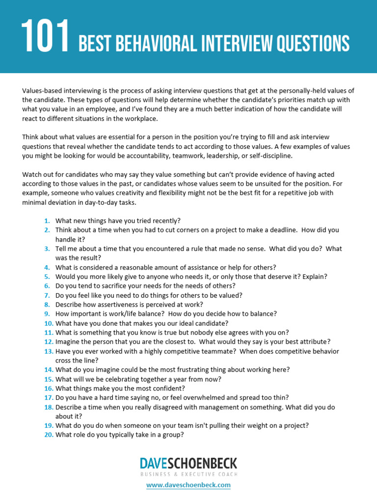 Values-Based Interviewing Questions | PDF | Psychological Concepts ...