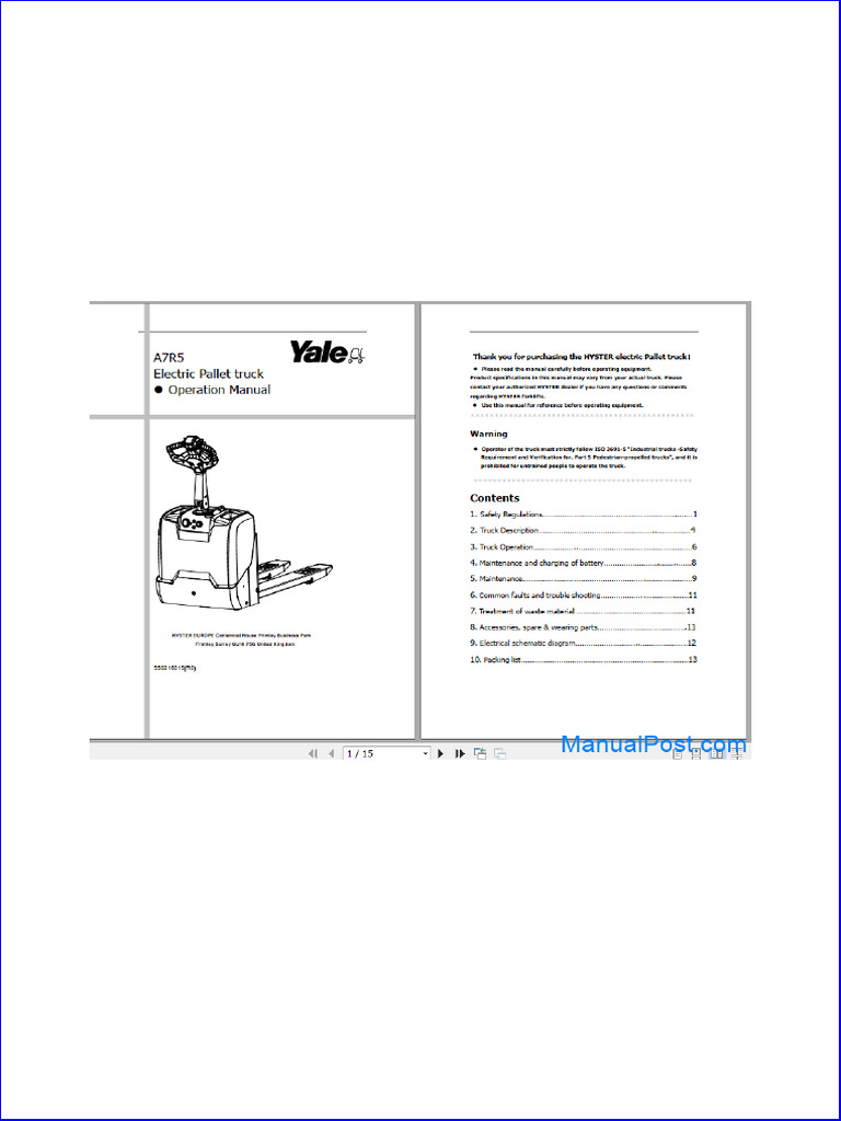 Yale Class 3 Electric Motor Hand Trucks a7r5 Mp20ux Operating Manual ...
