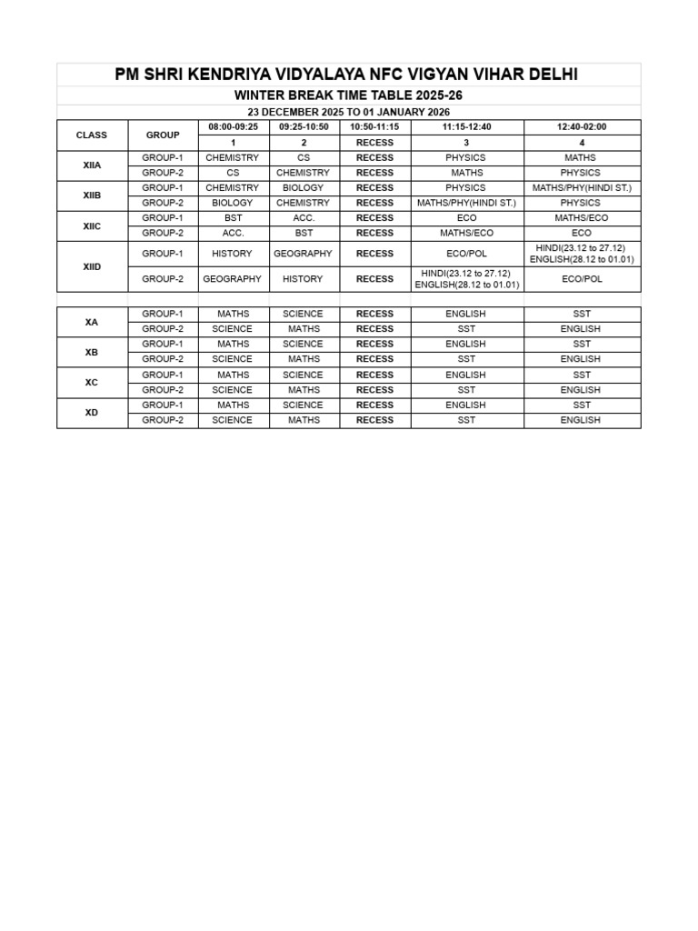 KV NFC Winter Break Timetable 2025-26 | PDF