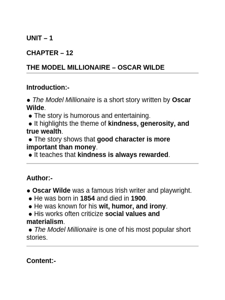 Oscar Wilde's The Model Millionaire Summary | PDF