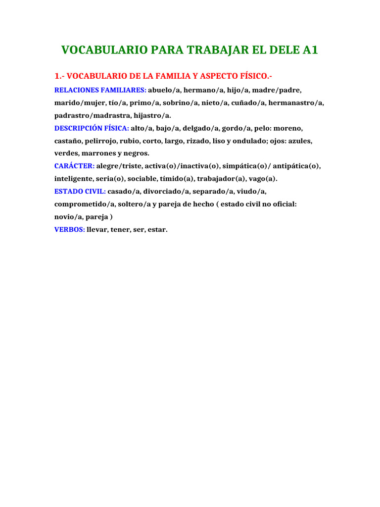 Vocabulario Dele A1 | PDF