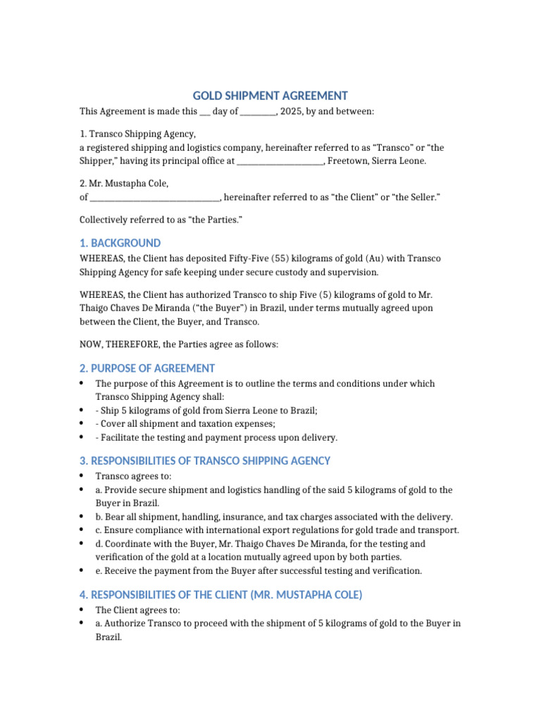 Gold Shipment Agreement Transco Mustapha Cole | PDF | Taxes | Receipt