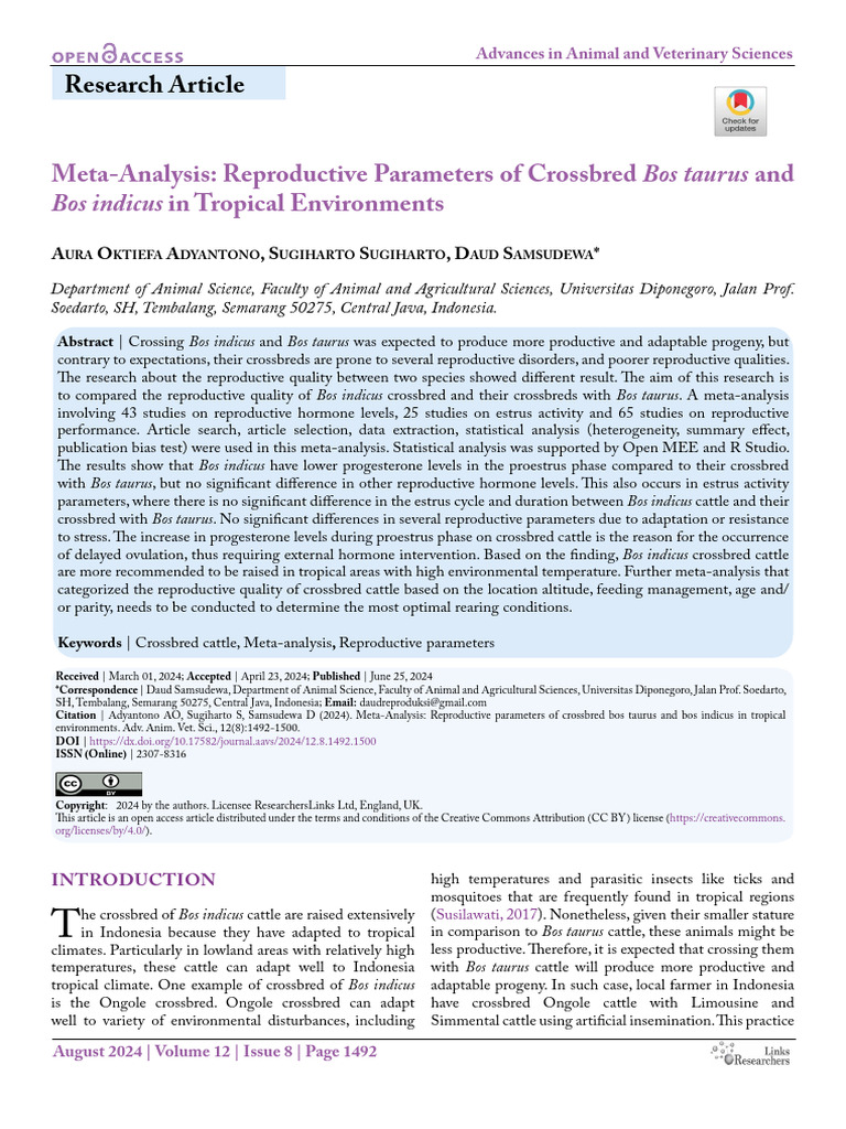 Meta-Analysis Reproductive Parameters of Crossbred Bos taurus and Bos ...