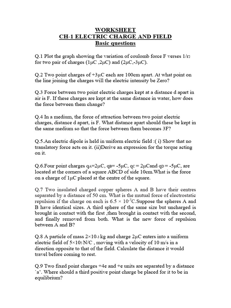 Electric Charge and Field Worksheet | PDF