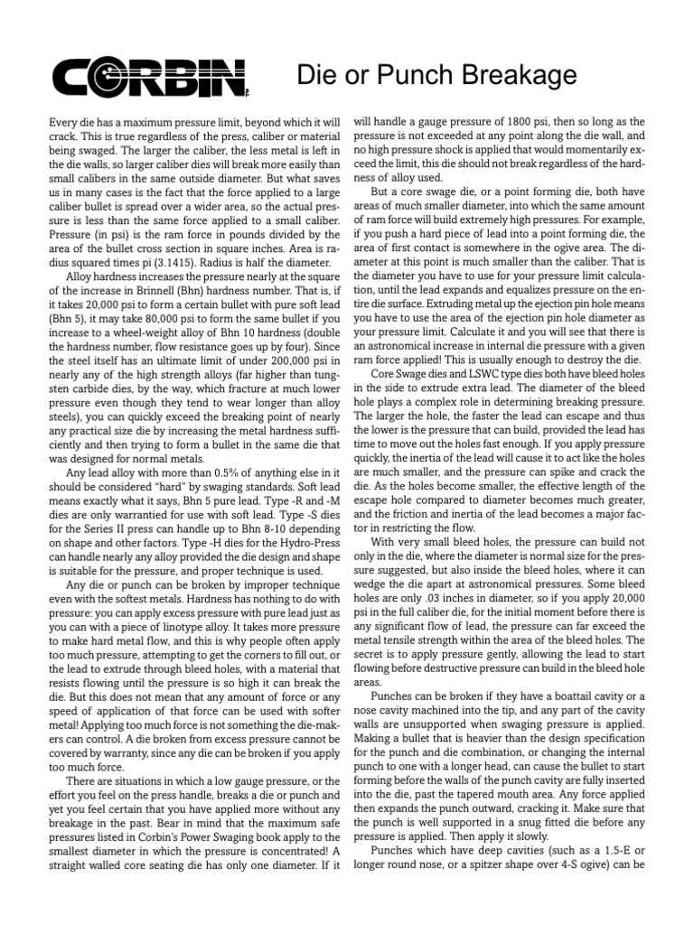 Die or Punch Breakage - Corbin Bullet Swaging | PDF | Pressure | Caliber