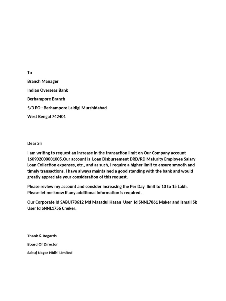 Request for Transaction Limit Increase | PDF