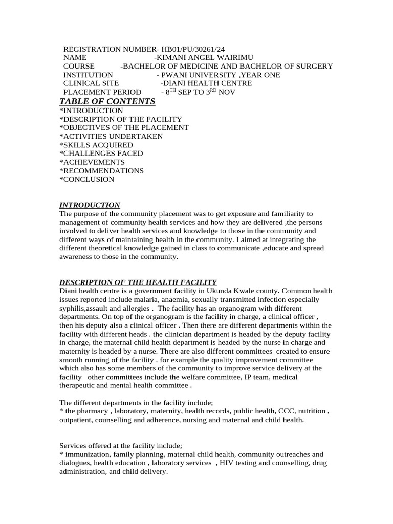 Community Health Placement Report | PDF | Vaccines | Injection (Medicine)